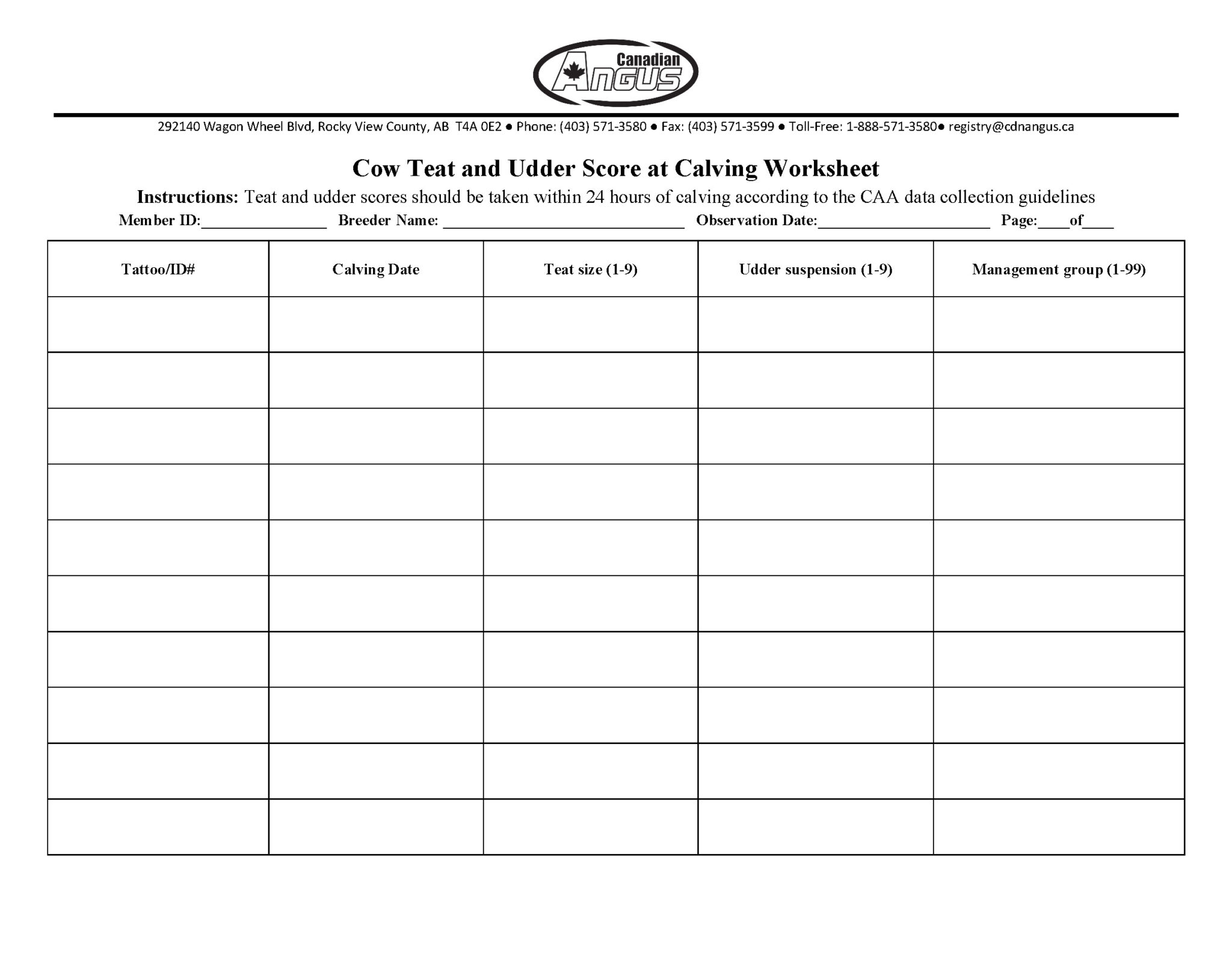 Cow Teat and Udder Score at Calving Worksheet - Canadian Angus Association